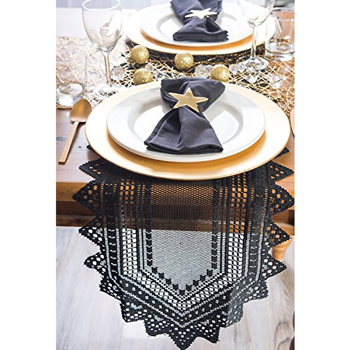 DII Black Lace Overlay Tabletop Collection Gothic Halloween Decor, Table Runner, 14x72, Black