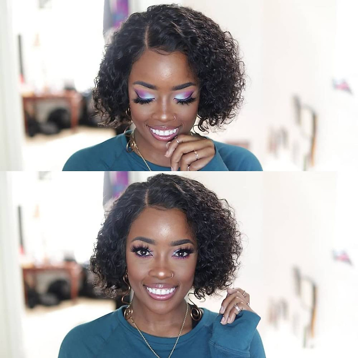 HUA Human Hair Wigs for Black Women Bob Wear and Go Glueless Wig 10 Inch Short Curly Bob Wig Human Hair Glueless Wigs Human Hair Kinky Curly Wig for Black Women I Part Lace Wig Natural Black Color