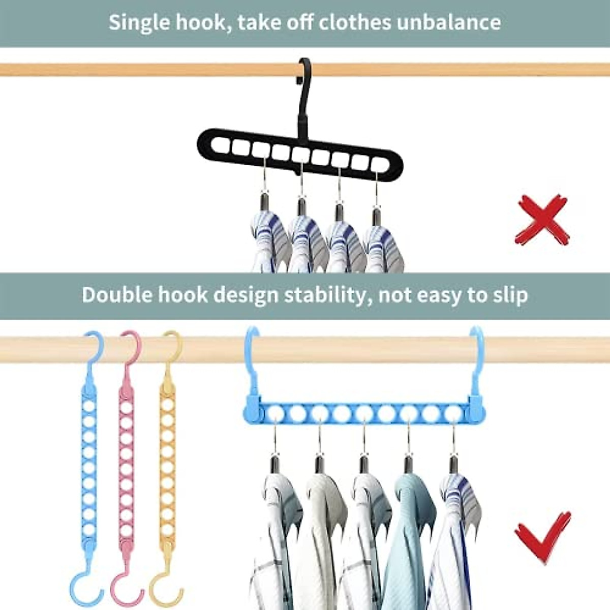 Fun Land 6 Pack Magic Closet Organizers ,9 Hole Space Saving Clothes Hangers for Heavy Clothes, Closet Organizer Hangers for Dorm Room Essentials