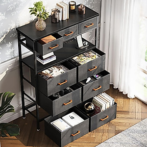 AODK Dresser with Charging Station, 52 Inches Tall Dresser for Bedroom with 9 Storage Drawers, Large Fabric Dressers for Hallway, Dark Grey