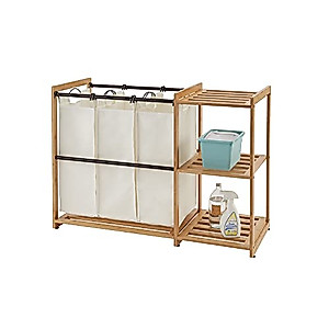 TRINITY EcoStorage 3-Bag Bamboo Laundry Station, Laundry-Room Organization and Dirty Clothes Hamper with 3 Shelves for Bedroom, Closet, Dorm Room and More, Bronze Poles