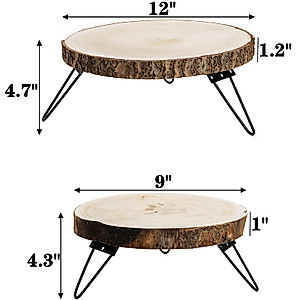 DEAYOU 2 Pack Rustic Wood Cake Stand, 9"/ 12" Round Wooden Cupcake Pedestal, Paulownia Wood Slice Pie Stand with Metal Leg, Wedding Cake Holder Slab Tray for Display, Dessert Table, Candles, Plants