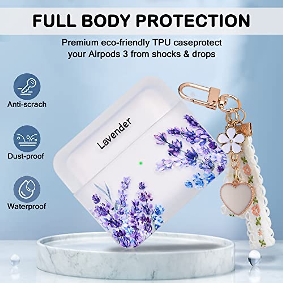 Purple Lavender Case for Airpods 3rd Generation (2021) Cover Clear for Women Girls with Flower Floral Pattern & Cute Love Heart Keychain Skin Soft Silicone Shockproof Protective Cover
