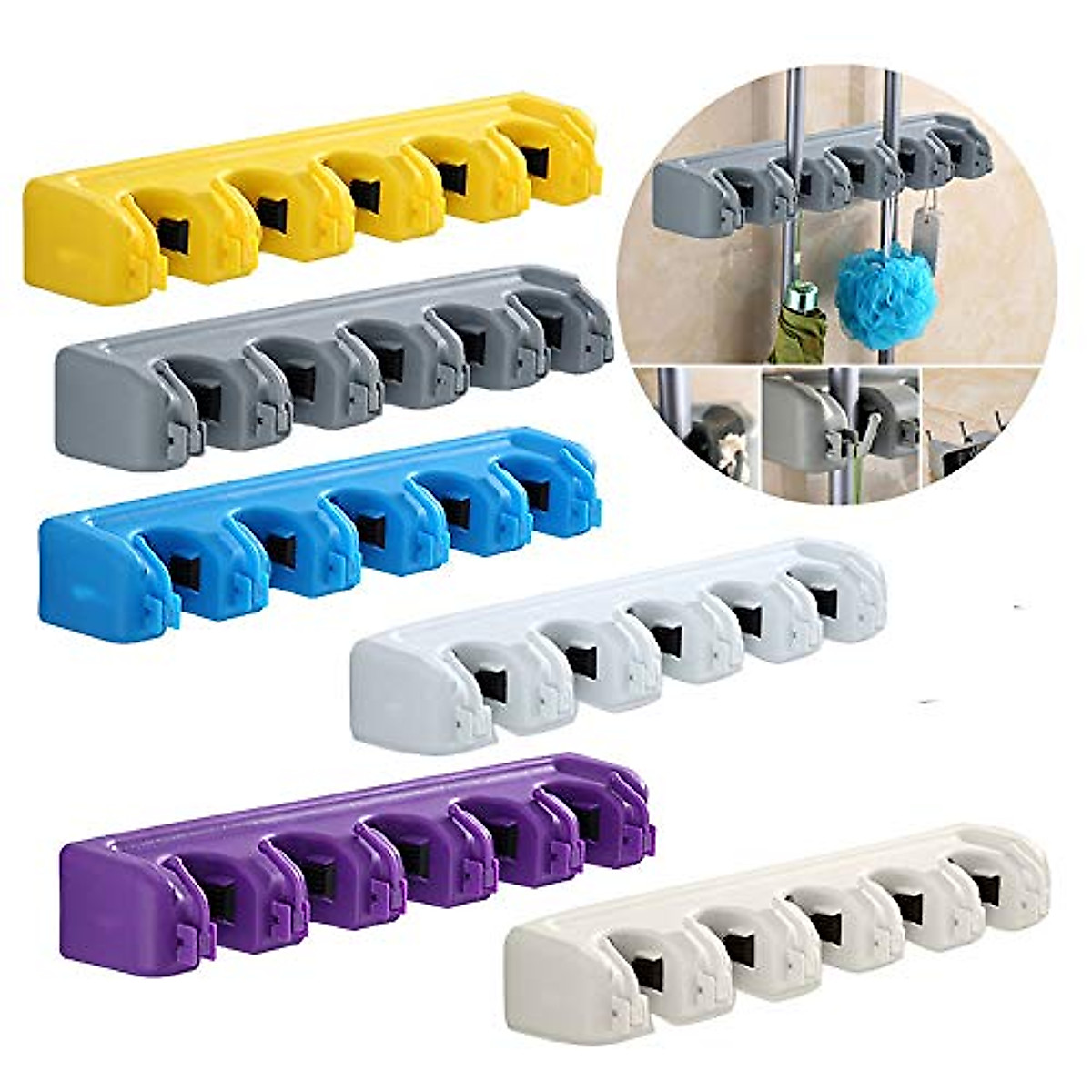 Mop Broom Holder Garden Tools Wall Mounted Organizer Storage Hooks Garage Storage Rack Hanger 5 Position and 6 Hooks for Home Kitchen Garden Organizing