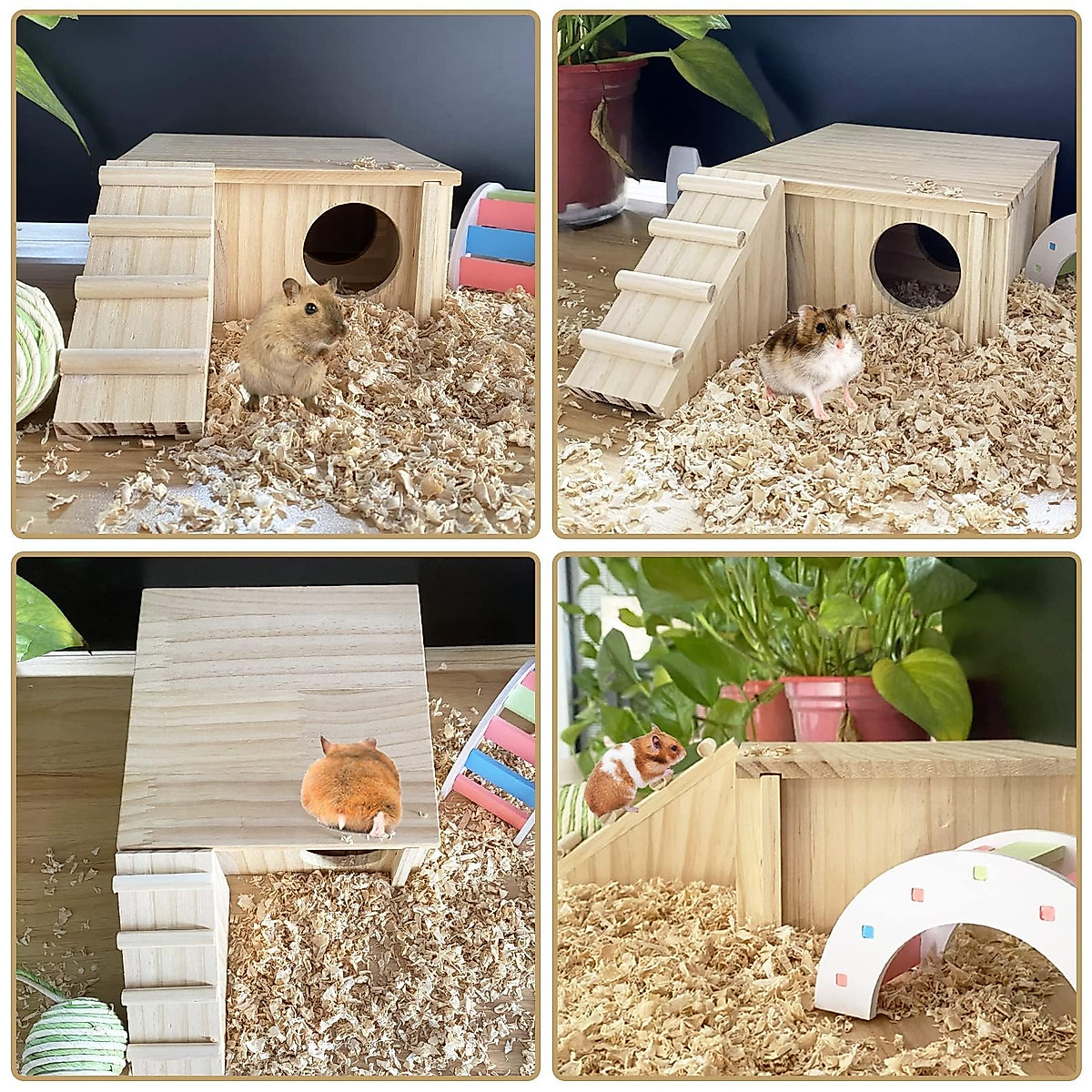 Hamster Wooden House with Ladder Small Animal Hideout Activity Platform Exercise Climbing Hut Natural Living Wood Room for Hamster Gerbil Mice Rat.