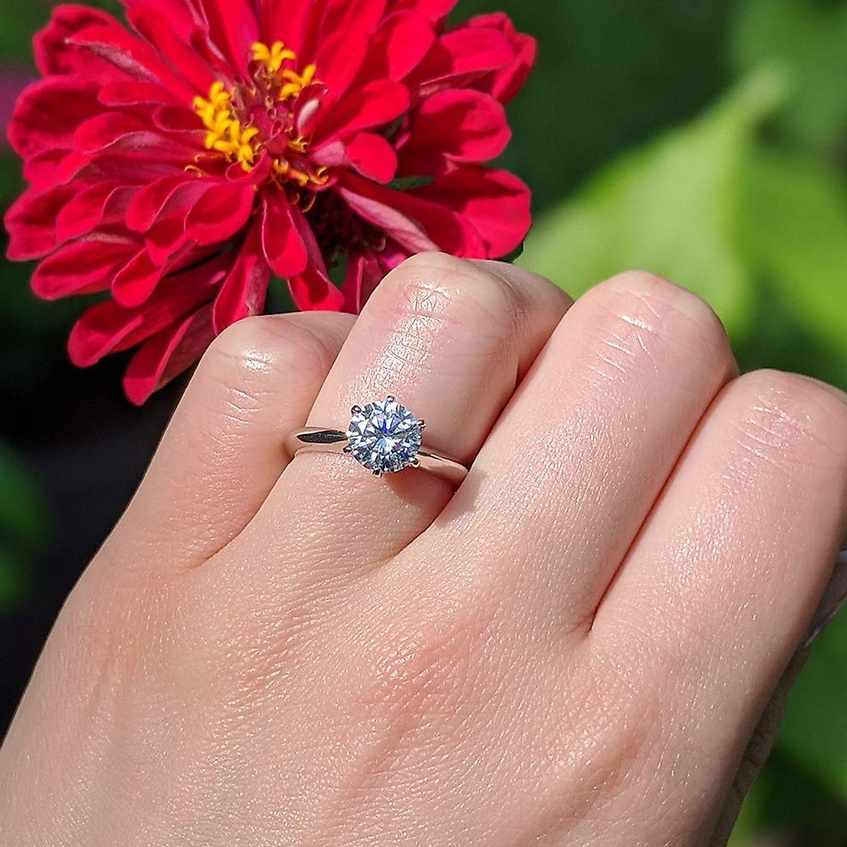 TwoBirch Platinum Plated 925 Sterling Silver 1.5 CT Moissanite Solitaire Engagement Ring with Six Prongs (Size 8)