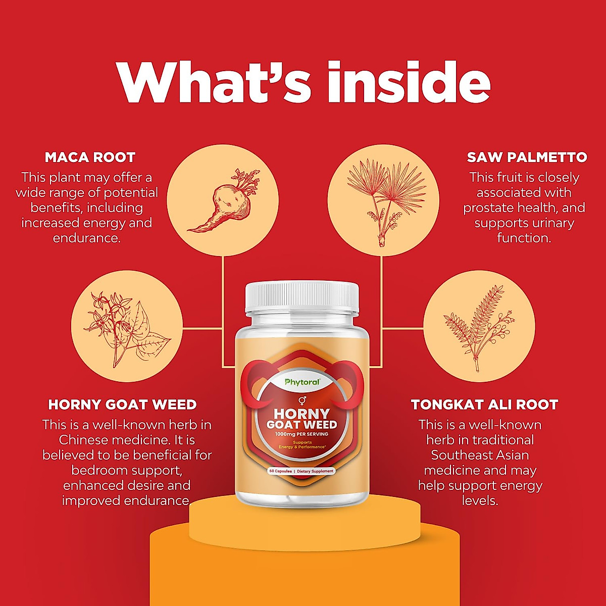 Pure Horny Goat Weed Extract with Maca Powder – Immune Support – Helps Increase Drive and Stamina – Booster for Men and Women Tongkat Ali Plus L-Arginine Increases Energy – 60 Capsules