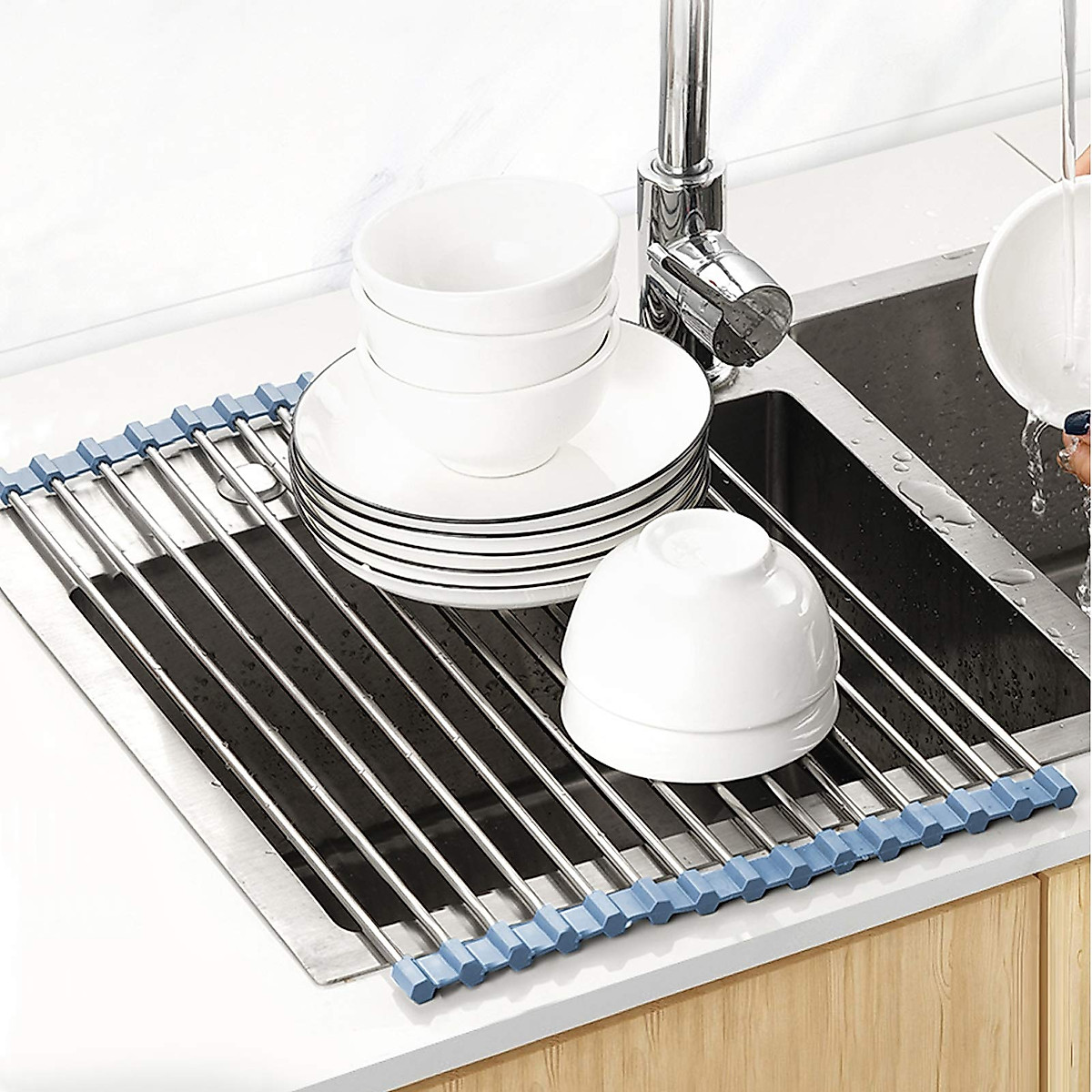 MECHEER Over The Sink Dish Drying Rack, Roll Up Dish Drying Rack Kitchen Dish Rack Stainless Steel Sink Drying Rack, Foldable Dish Drainer, Gray (17.5''x11.8'')