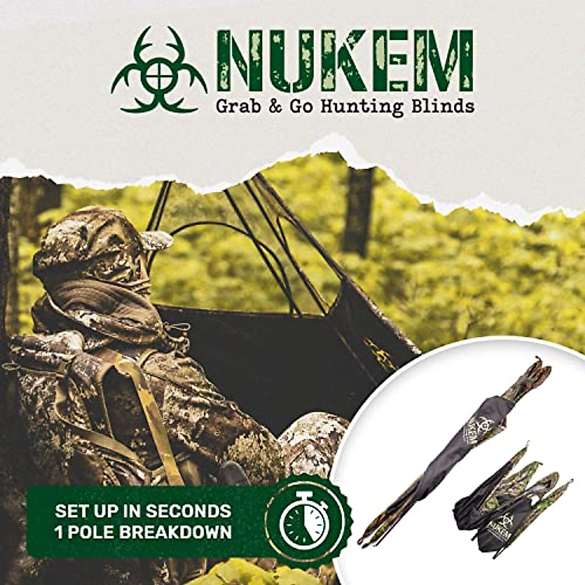 Nukem Grab & Go Hunting Ground Blind - TrueTimber HTC Green - Lightweight Stake-Free Pop Up Turkey & Deer Blind (Standard)