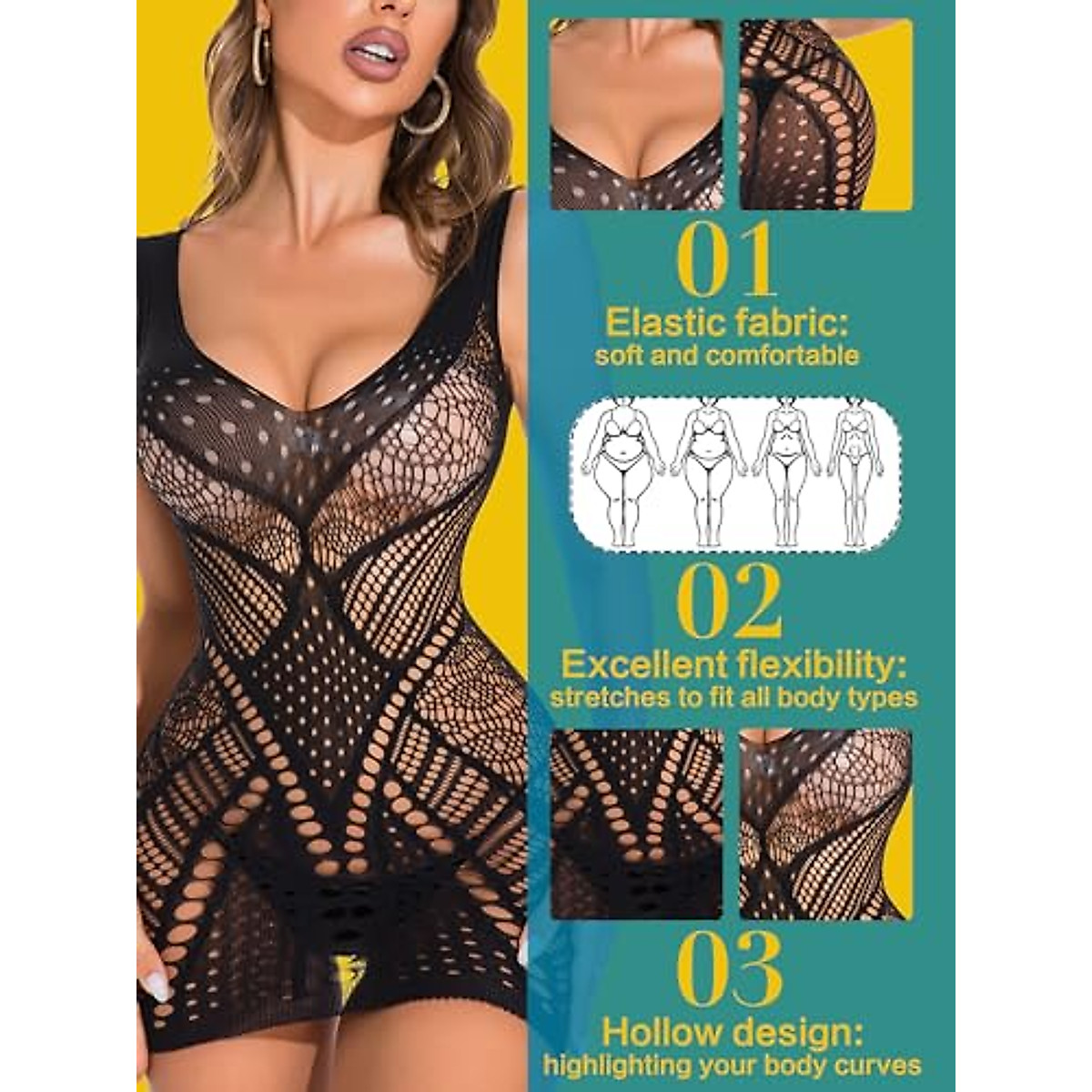 SeaFever Sexy Lingerie for Women Fishnet See Through Bodysuit One Piece V-Neck Mini Dress Intimates Sex Clearance Strapless Mesh Chemise Babydoll (Black)