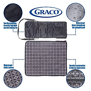 Graco Portable Baby Diaper Changing Table Pad Bag with Wipe & Travel Essentials Pockets - Deluxe Compact Clean Padded Infant Changer Mat - Unisex Grey