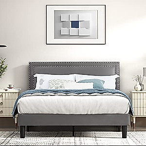 VECELO Full Size Platform Bed Frame with Height Adjustable Upholstered Headboard, Modern Mattress Foundation,Strong Wood Slat Support, No Box Spring Needed, Easy Assembly