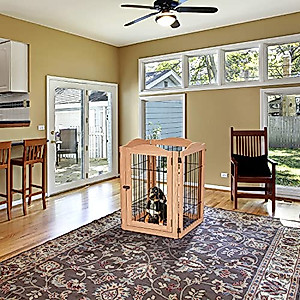 Arf Pets Freestanding Dog Gate with Door, 4 Panel 360° configurable Wooden Wire Fence, 89" Wide, 31.5" Tall, Foldable, Support Feet Included, for The House - Indoor Use