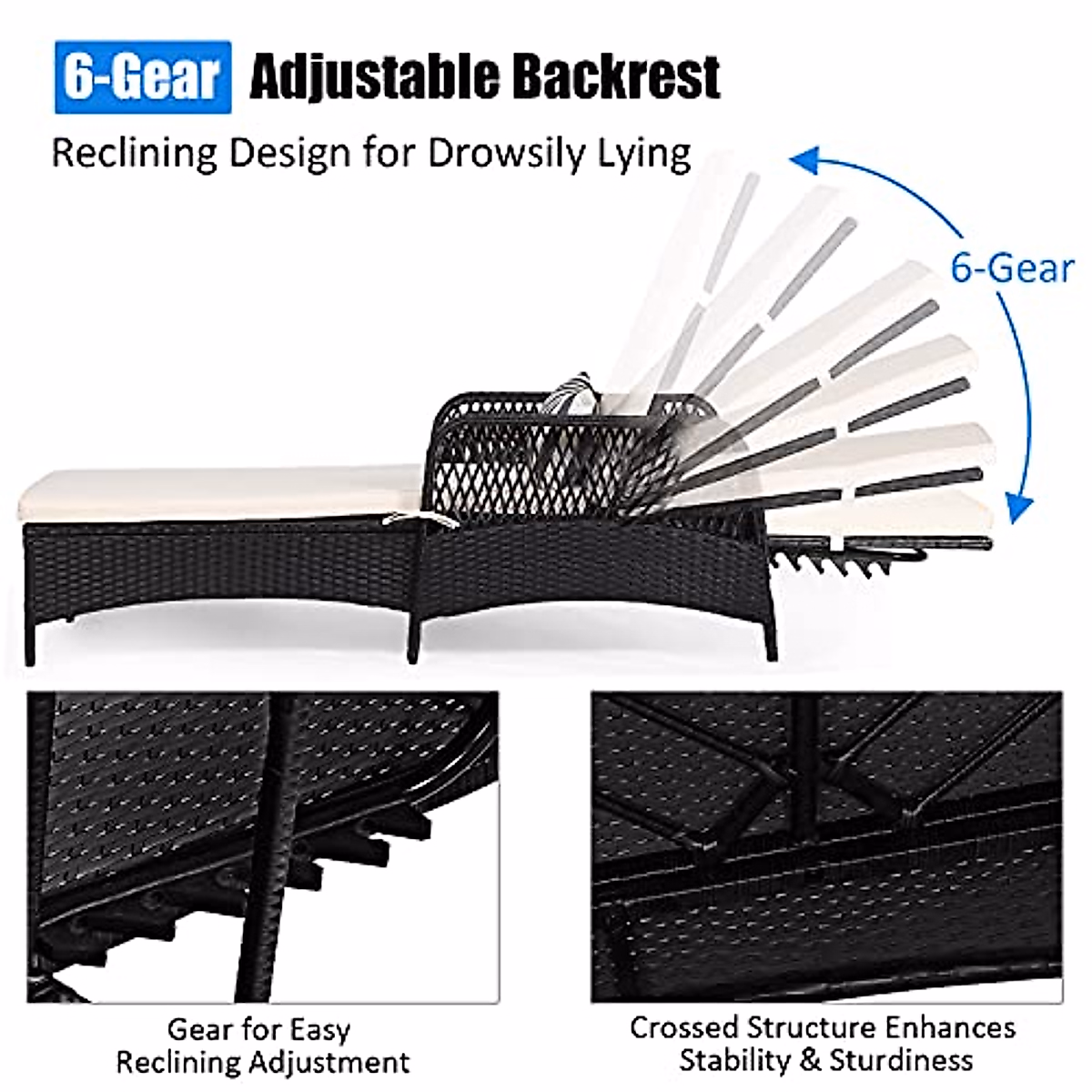 Tangkula Patio Wicker Chaise Lounge Chair, Outdoor Rattan Reclining Chaise w/ 6-Gear Adjustable Backrest, Thick Padded Cushion & Removable Lumbar Pillow, Ideal for Lawn, Beach, Balcony (Black)