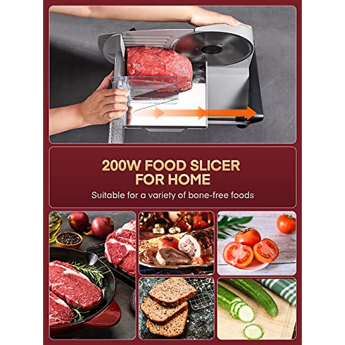FOHERE 200W Meat Slicer for Home Use, Electric Food Slicer with Two 7.5" Sharp Stainless Steel Blade(Serrated + Smooth) & 0-15mm Precise Thickness Cut Deli Food, Meat, Bread, Fruit, Vegetable, Silver