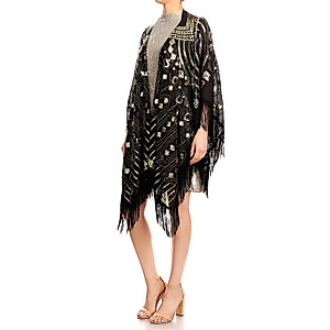 Anna-Kaci Womens Oversized Gatsby Hand Beaded Fringed Sequin Evening Shawl Wrap, Black+Gold, Onesize