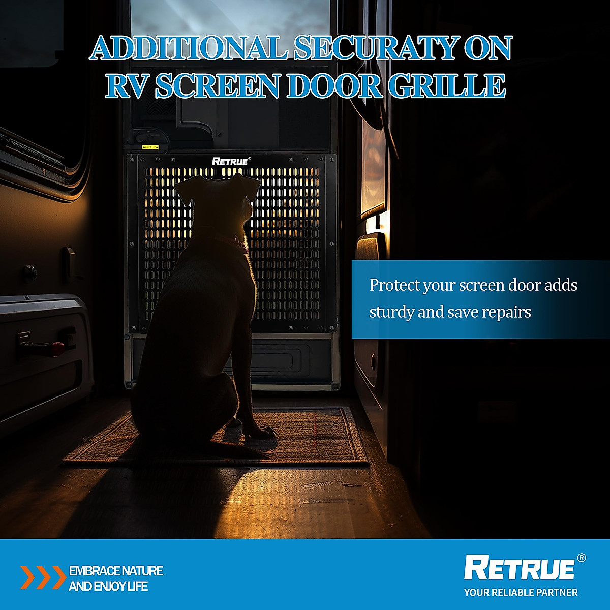 RETRUE RV Screen Door Protector Adjusts from 22" to 31.5" Aluminum Alloy Camper Screen Door Protector Guard for Dogs Kids Safe, Black