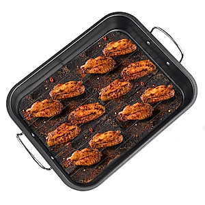 Kitcom Nonstick Roasting Pan with Rack, 16 Inch x 11.5 Inch Rectangular Roaster Set for Roasting Turkey, Chicken, Meat and Veggies, Gray