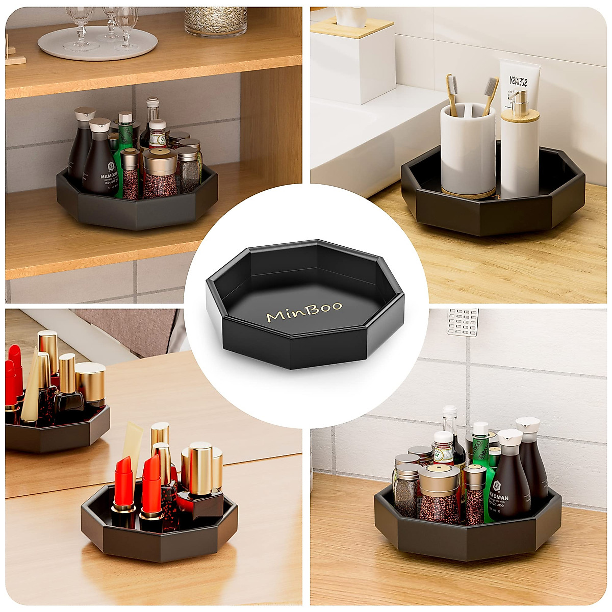 MinBoo Bamboo Lazy Susan Rotating Organizer, Bamboo Rotating Spice Racks with Turntable for Kitchen Pantry Cabinet Cupboard Table, 9 Inch