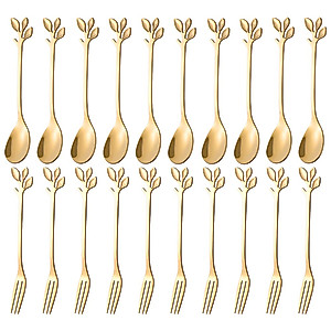 AnSaw 20-Pc Mini Gold Coffee Spoons & Dessert Forks Set, 4.7" Stainless Steel Leaf Handle, Ideal for Tea, Appetizers, Tastings - Perfect for Party, Charcuterie, Cocktails