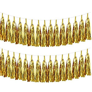 TONIFUL 30Pcs Shiny Gold Foil Tassels Garland Paper Fringe Banner DIY Metallic Foil Hanging Garland Kit Decorations for Birthday Bridal Shower Christmas Party Table Wall Backdrop Party Supplies
