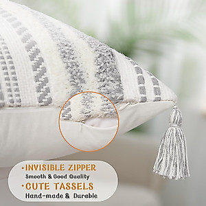 decorUhome Decorative Boho Throw Pillow Covers 12x20, Lumbar Accent Neutral Tufted Pillow Covers for Couch Bed Sofa, Textured Striped Woven Pillow Covers, Grey and Cream White, Pack of 1