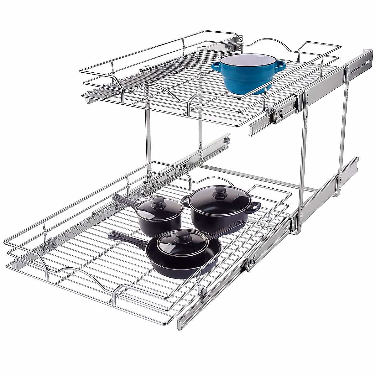 OCG 2 Tier Pull Out Cabinet Organizer (14" W x 18" D), Pull Out Shelves for Kitchen Cabinets, Pull Out Drawers for Base Cabinet Organization in Kitchen Bathroom Pantry, Chrome Finish