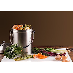 Abakoo Compost Bin 304 Stainless Steel Kitchen Composter Waste Pail Indoor Countertop Kitchen Bin Pail - includes 4 Filters (1.3 Gallon)