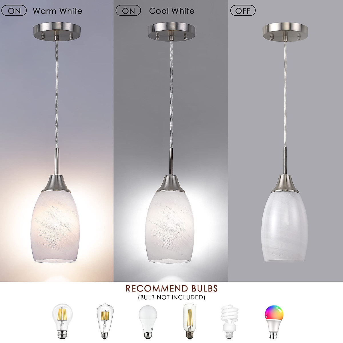 Mini Glass Pendant Light,1-Light with Handblown White Swirl Art Glass Adjustable Cord Brushed Nickel Finish Modern Hanging Pendant Light for Kitchen,Dining Room,Living