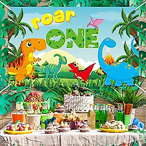 WATINC Roar One Birthday Backdrop Banner Dinosaur Theme 1 Year Old Wild Forest XtraLarge Background Photo Booth Photography Baby Shower Polyester Party Decorations Supplies for Home Studio 71x43 Inch