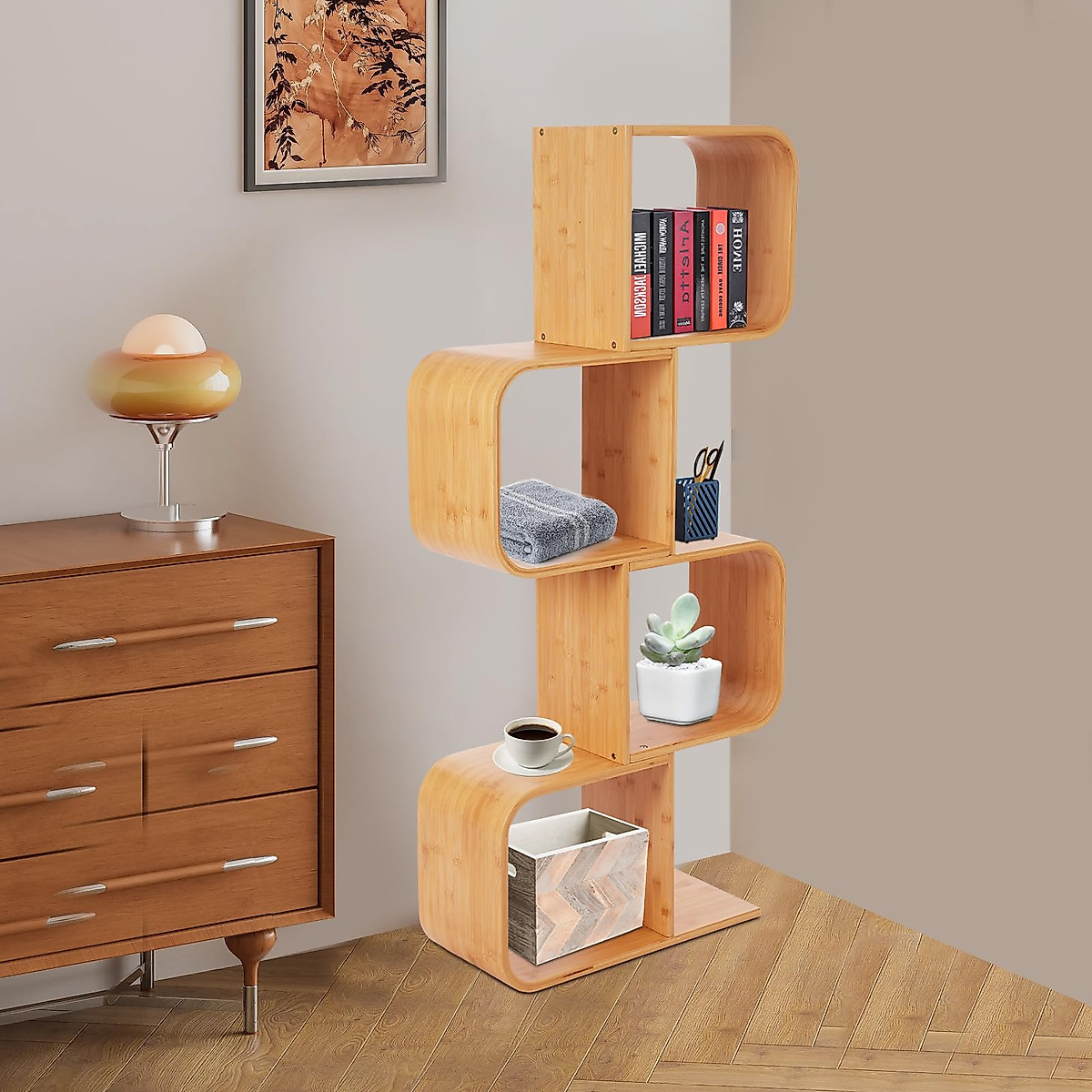 Weglae 4 Tiers Bookshelf,Tall S-Shaped Bookcase,Freestanding Display Shelf,Bamboo Storage Shelving Book Rack,Multifunctional Decorative Room Divider for Home Office