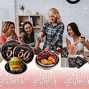 50th birthday decorations for women - (Total 121pcs) rose gold Birthday supplies Plates and Napkins, Cups, Straws, tablecloth, Disposable Tableware for 24 Guests