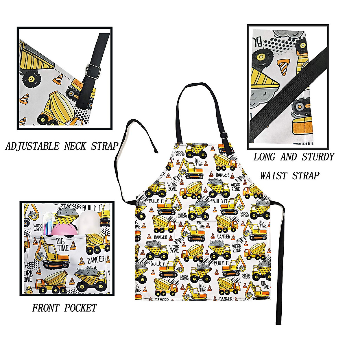 Sosolong Adjustable Children's Waterproof Apron, with Children's Pocket Cooking Apron, Baking, Painting, Gardening (dinosaur apron)