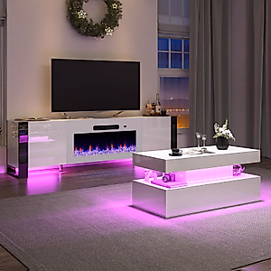 VanAcc 3-Piece Modern Living Room Table Sets, 70" Modern LED TV Stand with 36" Electric Fireplace, High Gloss Coffee Tables for Living Room, White