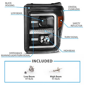 AmeriLite Replacement Headlights for 2011-2016 Ford F250/350/450 Super Duty Switchback LED Tube Projector Black Assembly Set - Passenger and Driver Side