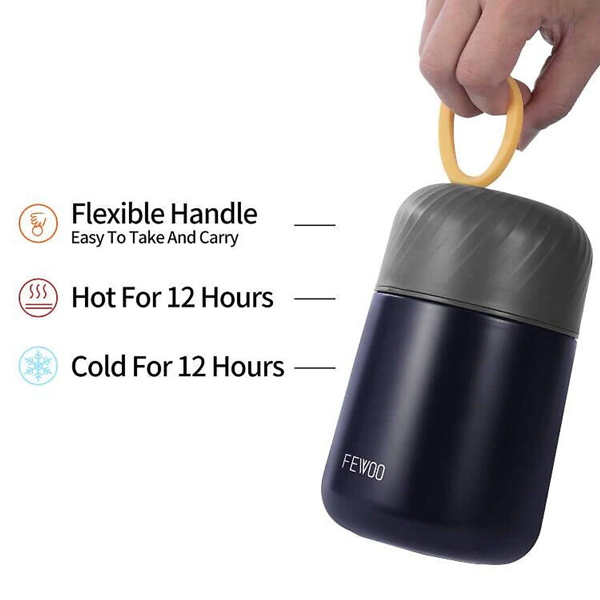 FEWOO Food Thermos - 20oz Vacuum Insulated Soup Container, Stainless Steel Lunch box for Kids Adult, Leak Proof Food Jar with Folding Spoon for Hot or Cold Food (Midnight Blue)