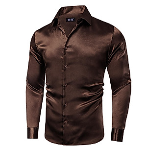 Hi-Tie Mens Long Sleeve Dress Shirt Satin Button Down Casual Prom Wedding Regular Fit Button Up Shirt,Dark Coffee Satin,XX-Large