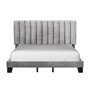 BOWERY HILL Modern Upholstered King Platform Bed in Gray Fabric