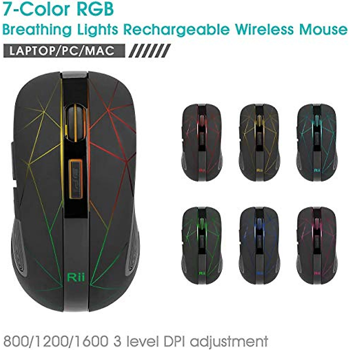 Rii RM200 2.4G Wireless Mouse with USB Nano Receiver, 5 Buttons Rechargeable RGB,3 Adjustable DPI Levels,Colorful Gaming Mouse for Notebook,PC,Computer-Black