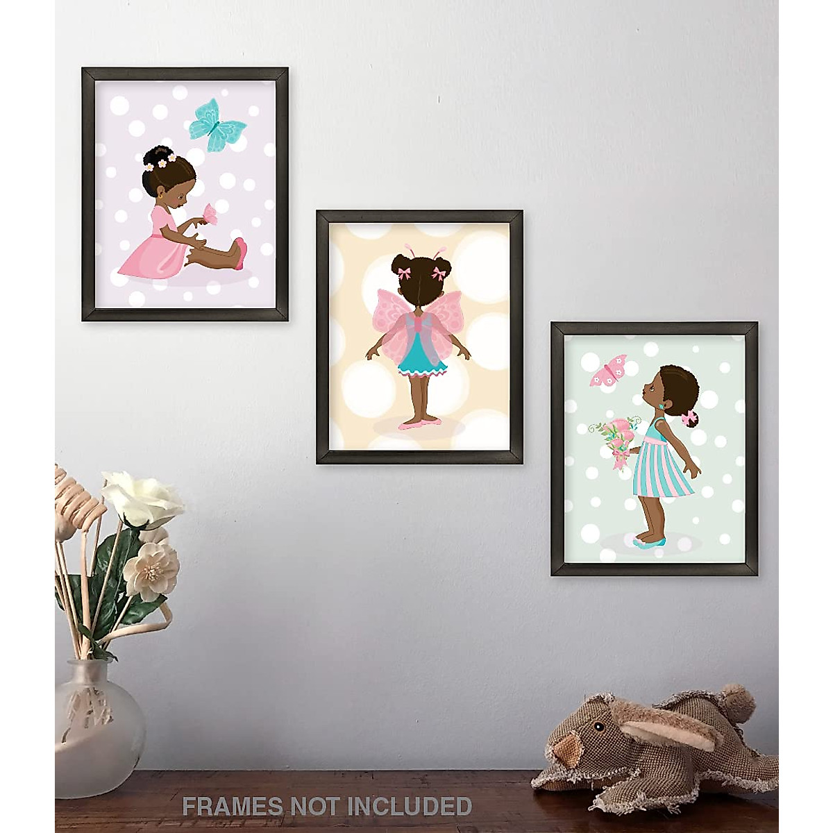 Confetti Fox Little Girl Black Hispanic Latina Wall Art, African American Baby Ballerina Toddler Nursery Decor (8x10 Unframed Set of 3 Prints)