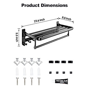 Bathroom Towel Rack, Foldable Towel Racks for Bathroom with 5 Sliding Towel Hooks, Drilling/Adhesive Towel Rack Wall Mounted for Rental/Restroom/Bedroom, Upgrade Wall Anchors, Rustproof, 24in