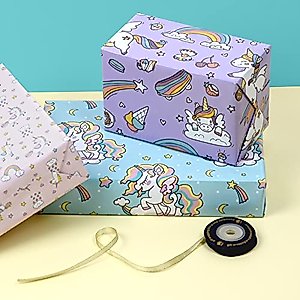 FIEHALA Flat Wrapping Paper Sheets - 8 Sheets with 4 Unicorn Patterns - Pre Cut & Folded Flat Design (20 inches × 27.5 inches per sheet)