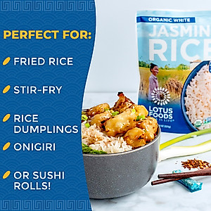 Lotus Foods Organic White Jasmine Rice Heat & Eat Pouch - Gluten Free White Rice, Organic Rice, Instant Microwave Jasmine Rice, Microwavable Pre Cooked Rice - 8 Oz (Pack of 6)