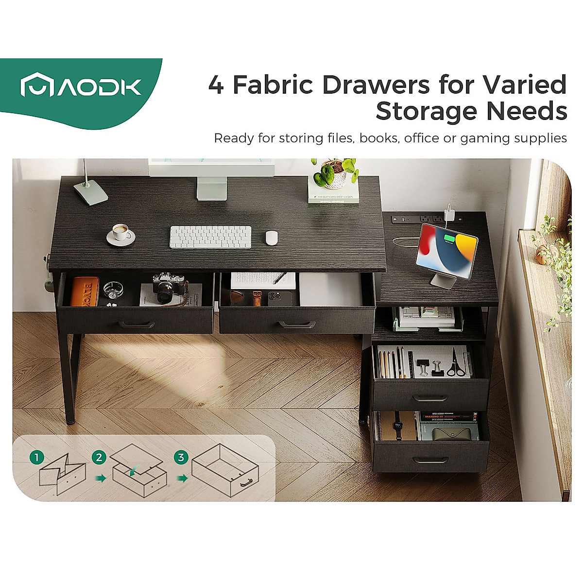AODK 53-Inch Desk with Drawers and USB Power Outlets, Reversible Computer Desk with Storage Shelf, Office Desk with Printer Stand, Modern Simple Study Writing Work Table for Bedroom, Black