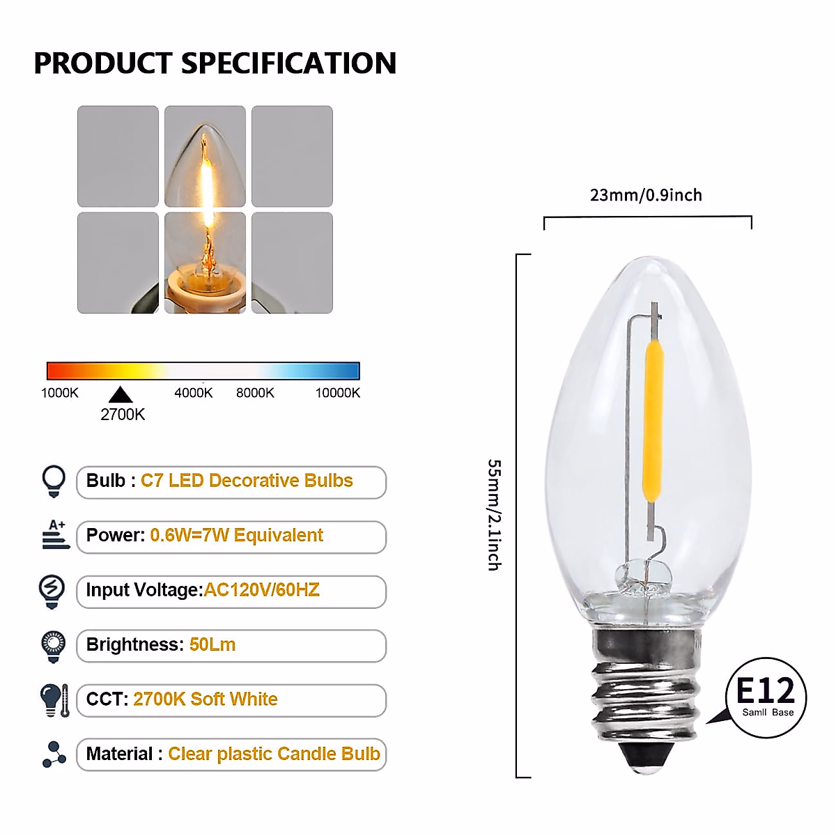 Erxiugs Chainable Accessory Cord with Three (3) c7/e12 Candelabra LED Light Bulbs, 8ft Blow Mold Light Cord with Male and Female Plugs for Village Accessories Houses Ceramics Tree Art and Craft.