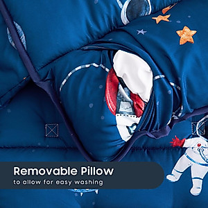 Wake In Cloud - Nap Mat with Removable Pillow for Kids Toddler Boys Girls Daycare Preschool Kindergarten Sleeping Bag, Rockets Space Planet Astronauts on Navy Blue, 100% Soft Microfiber