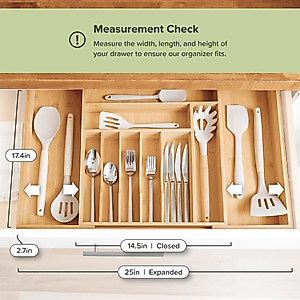 KitchenEdge Premium Silverware, Flatware and Utensil Organizer for Kitchen Drawers, Expandable to 25 Inches Wide, 10 Compartments, 100% Bamboo