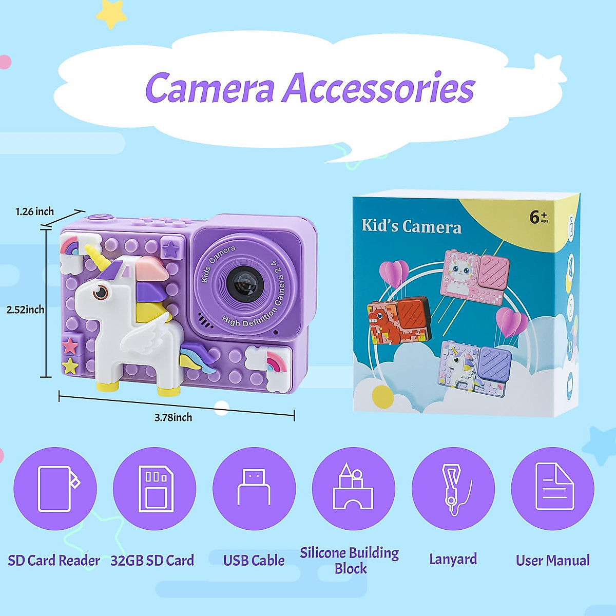 Kids Camera for Boys and Girls, Children Digital Video Toy Camera with Unicorn Silicone Building Blocks, Selfie Camera for Kids, Christmas Birthday Festival Gifts for Age above 6 with 32GB SD Card