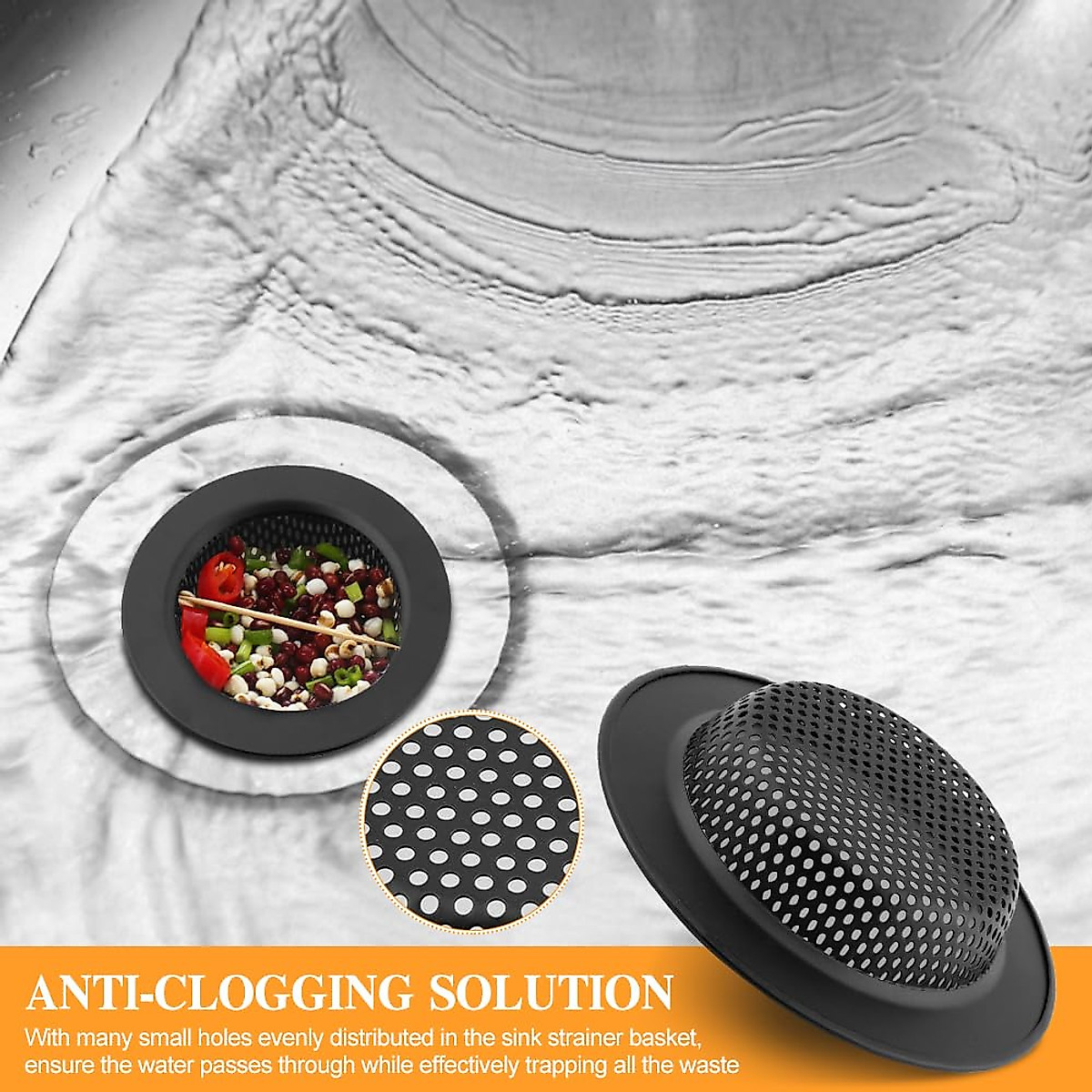 Kitchen Sink Stopper Strainer Set, 2 Stainless Steel Mesh Sink Drain Basket +1 Sink Drain Strainer +1 Sink Stopper for Kitchen Bathroom Sinks Bathtubs Replacement Sink Accessories(Black)