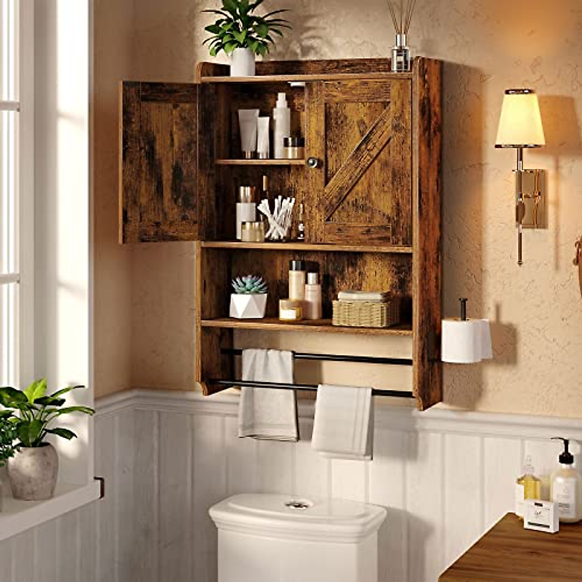 Rolanstar Bathroom Cabinet Wall Mounted with 2 Doors, Medicine Cabinet with Large Space, 4-Tier Over The Toilet Space Saver Storage Cabinet with Toilet Paper Holder and 2 Towels Bar, Rustic Brown